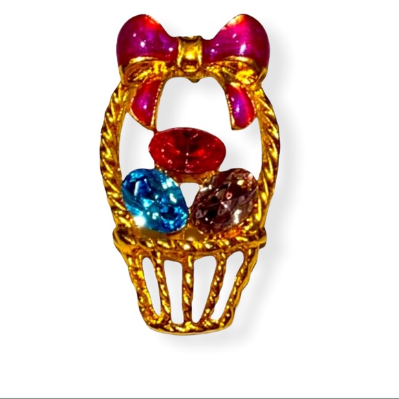 Vintage | Jewelry | Vtg Easter Basket Pin Gemstone Eggs Enamel Bow Gold ...